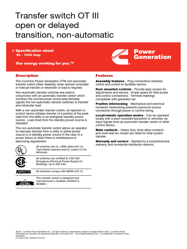 Transfer Switch OT III Open or Delayed Transition, Non-Automatic | PDF ...