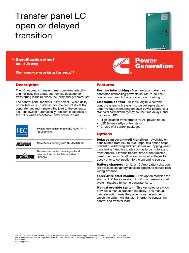 Transfer Panel LC Open or Delayed Transition: Description Features ...