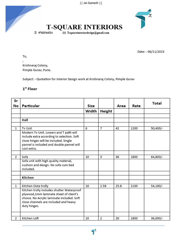 Furniture Work Quotation 1st Floor | PDF | Bed | Bedroom