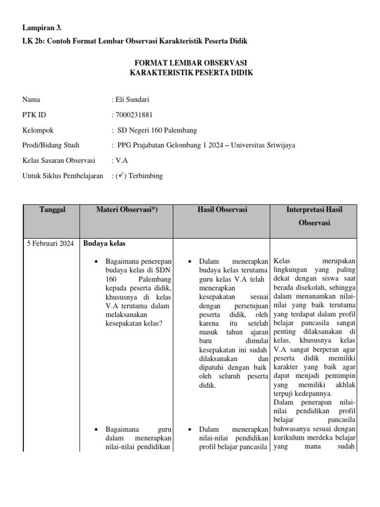 Lampiran 3. LK 2b Lembar Observasi Karakteristik Peserta Didik SDN 160 ...