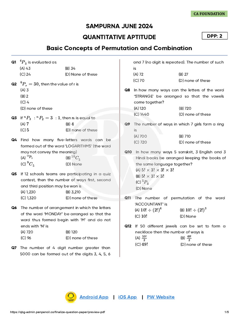 Basic Concepts of Permutation and Combination _ DPP 02 ~ (Quantitative Aptitude) | PDF
