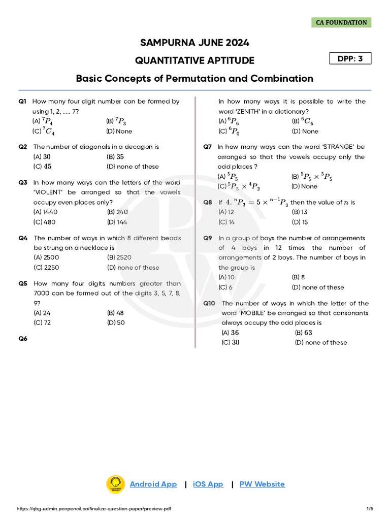 Basic Concepts of Permutation and Combination - DPP 03 (Quantitative Aptitude) | Download Free ...