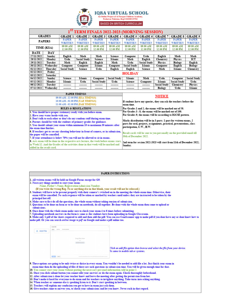IVS Mor 1st Term Date Sheet 2022-23 | PDF