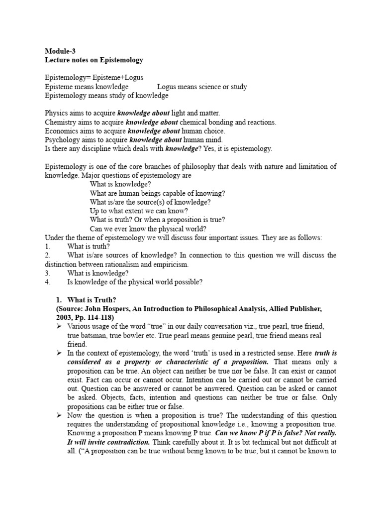 Lecture Notes-Epistemology | PDF | Knowledge | Epistemology