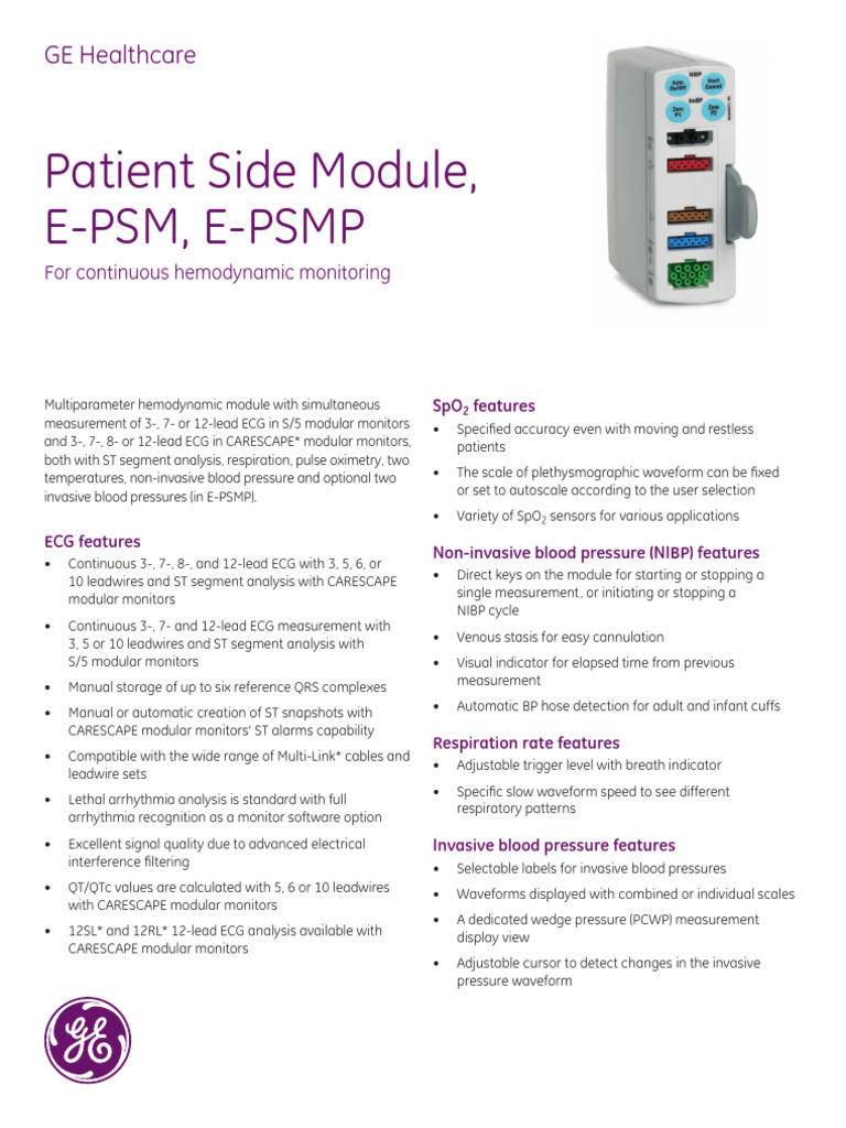 Patient Side Module, E-PSM, E-PSMP | PDF | Electrocardiography | Blood Pressure
