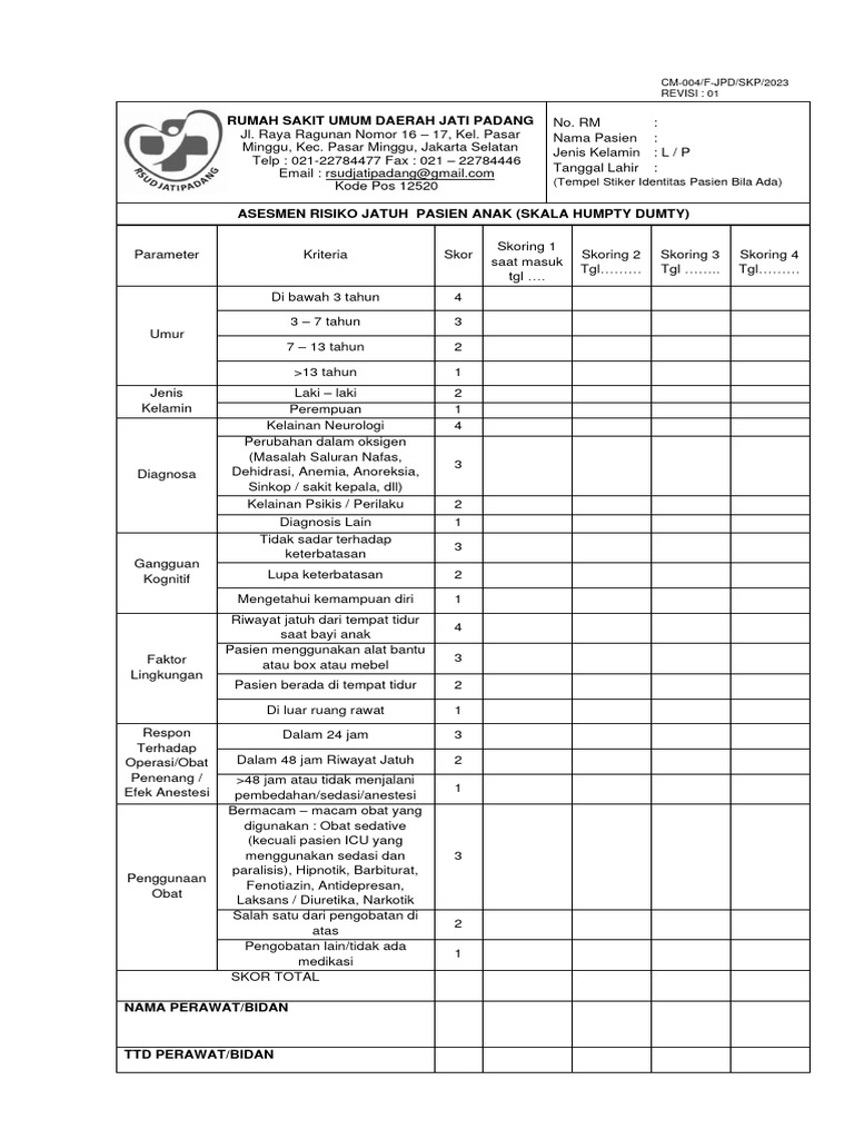 Asesmen Risiko Jatuh Pasien Anak (Skala Humpty Dumty) | PDF