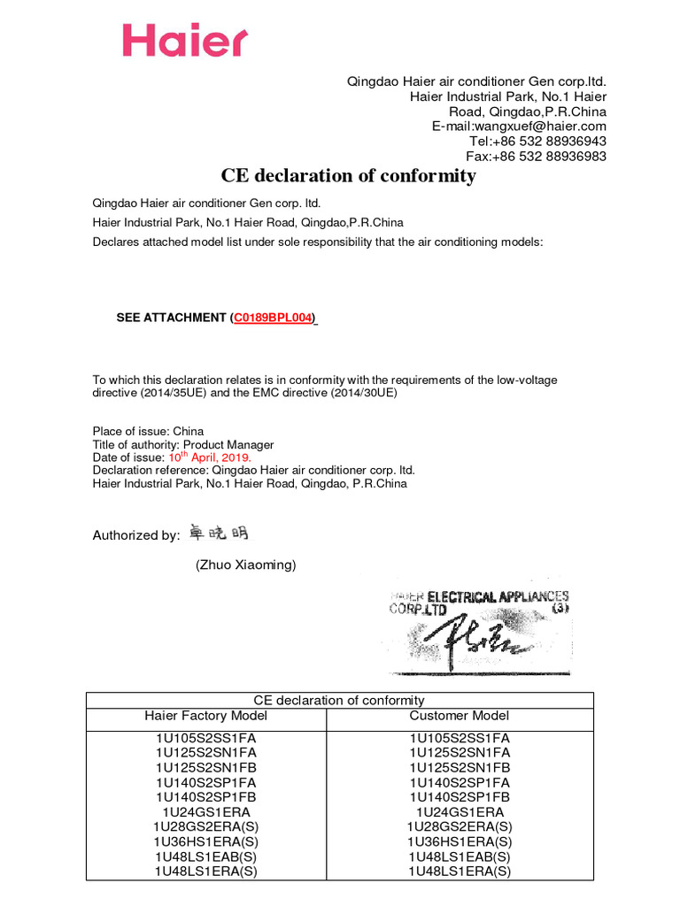 CE Declaration of Conformity - Haier MRV | PDF | Manufactured Goods ...