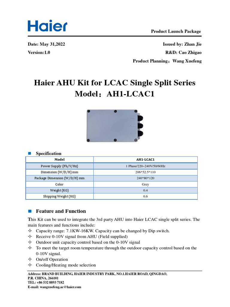 Notification of AHU Kit For LCAC Single Split Series | PDF ...