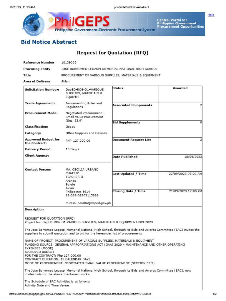 RFQ PhilGeps Sep2023 | PDF | Business