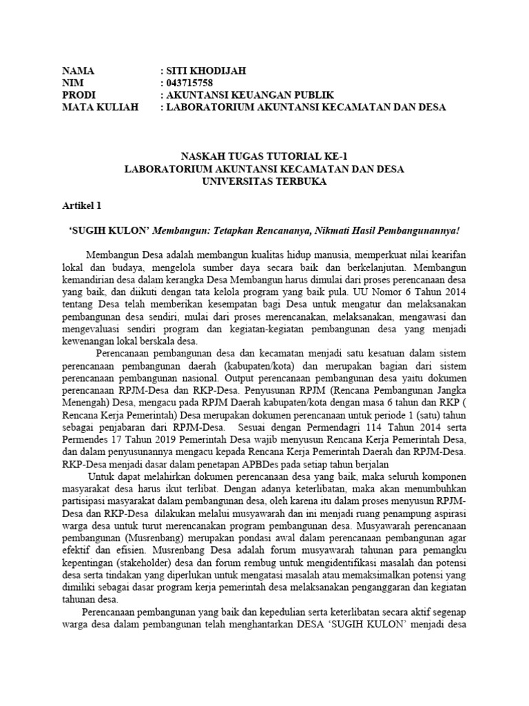 Tugas 1 Lab. Akuntansi Kecamatan Dan Desa | PDF