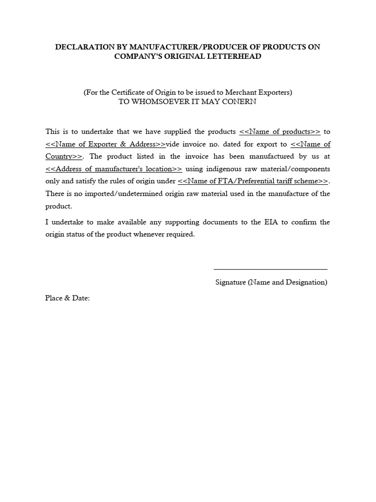 Template Manufacturer-Producer's Declaration | PDF