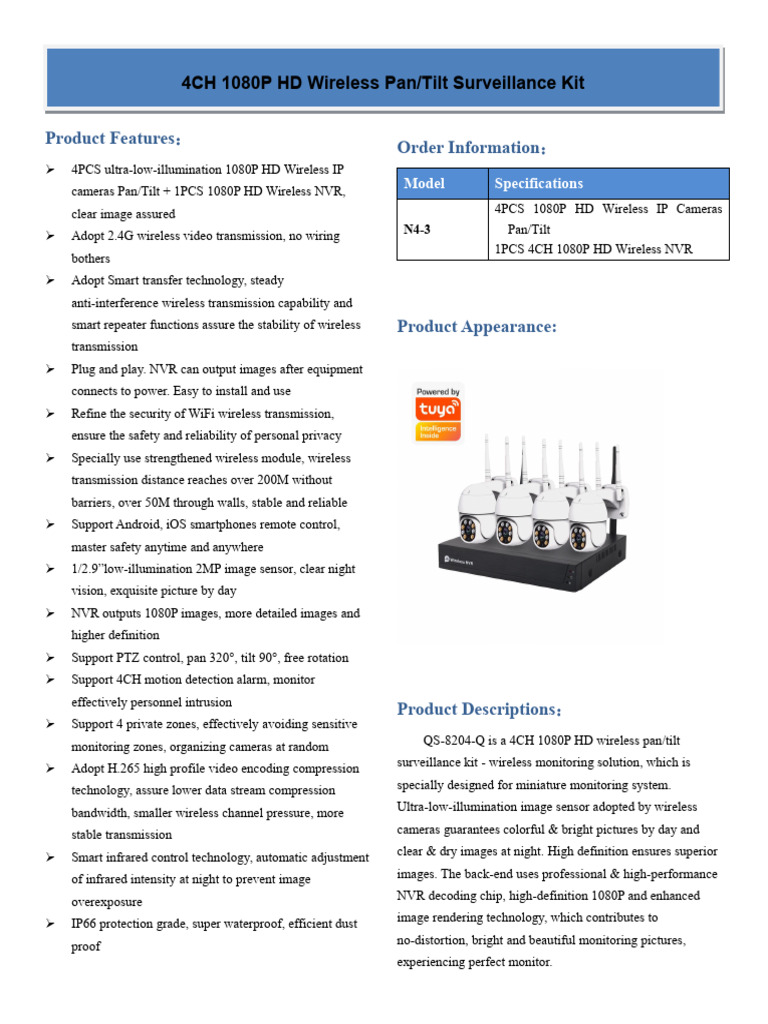 N4-3 Full HD Wireless Wifi NVR Kit Datasheet | PDF | Camera | Wireless