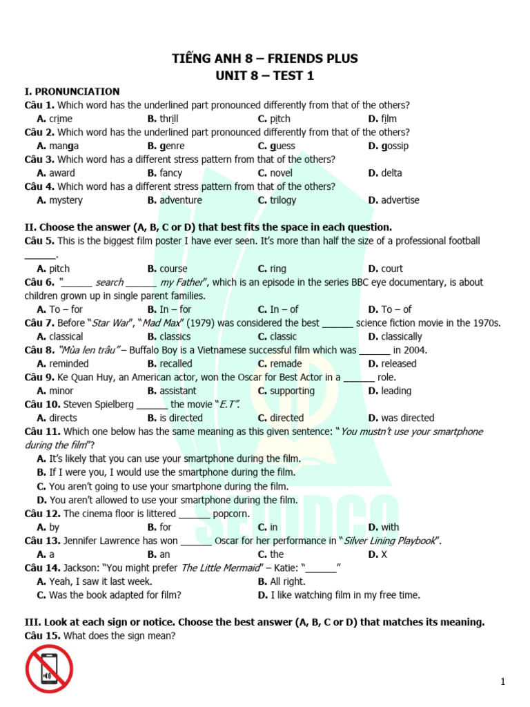 Unit 8 Test 1: English 8 Friends Plus | PDF | General Fiction