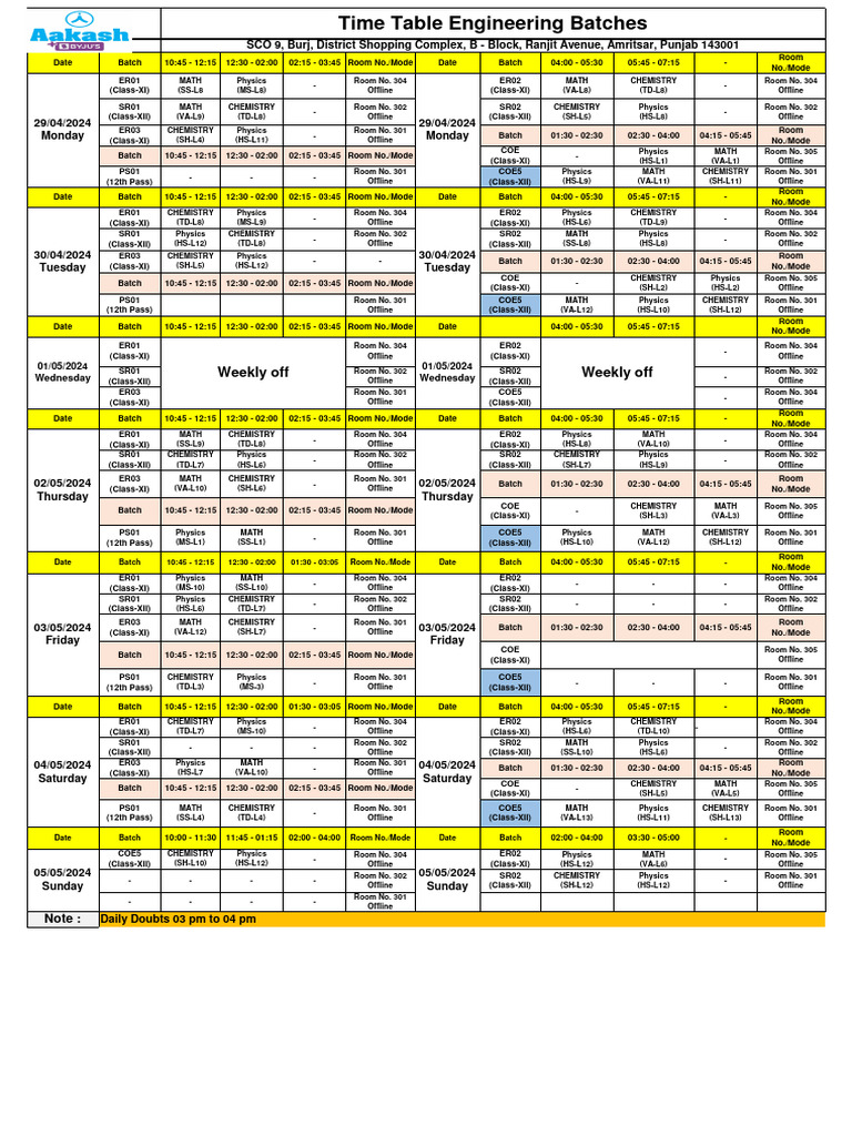 Engineering Time Table - 29!04!24!05!05-24 | PDF