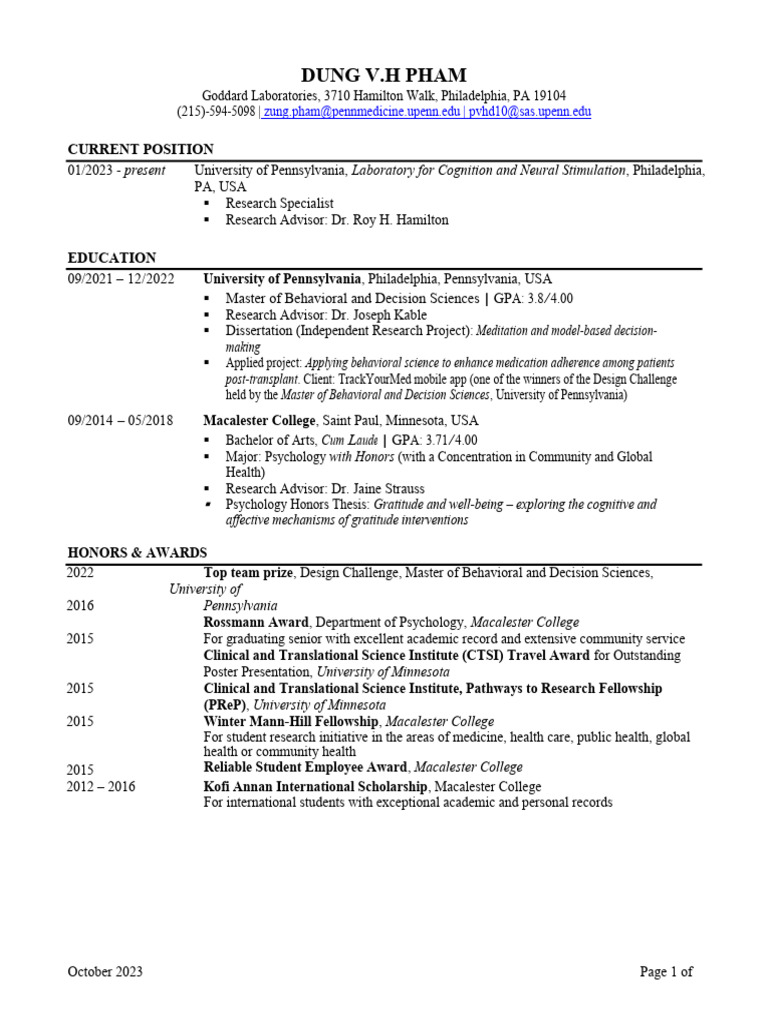 Pham, Dung - CV (Oct 2023) - PTV | PDF | Psychology | Aphasia