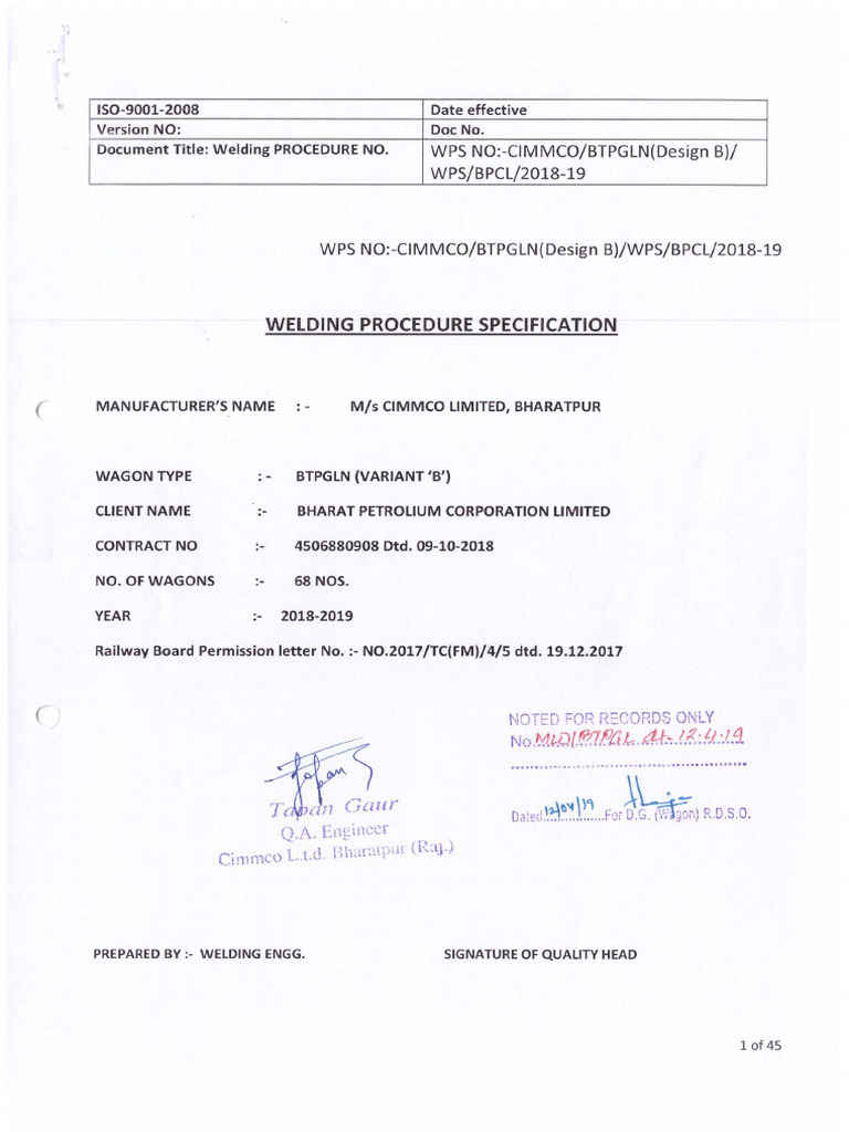Approved Wps of BTPGLN A4 | PDF