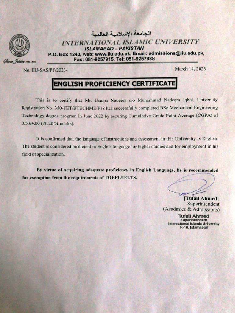 English Proficiency Letter | PDF