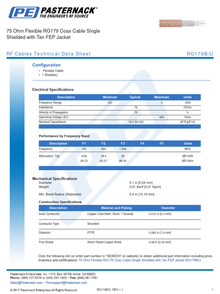 RG179B U | PDF | Coaxial Cable | Electromagnetism