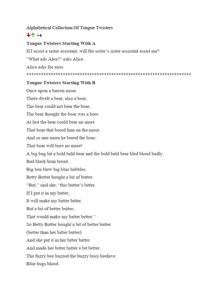 Alphabetical Collection Of Tongue Twisters | PDF