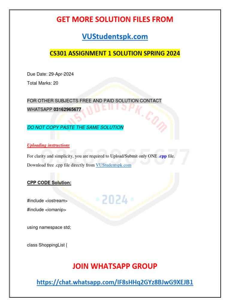CS301 Assignment 1 Solution Spring 2024 | PDF | Computer Programming | Computing