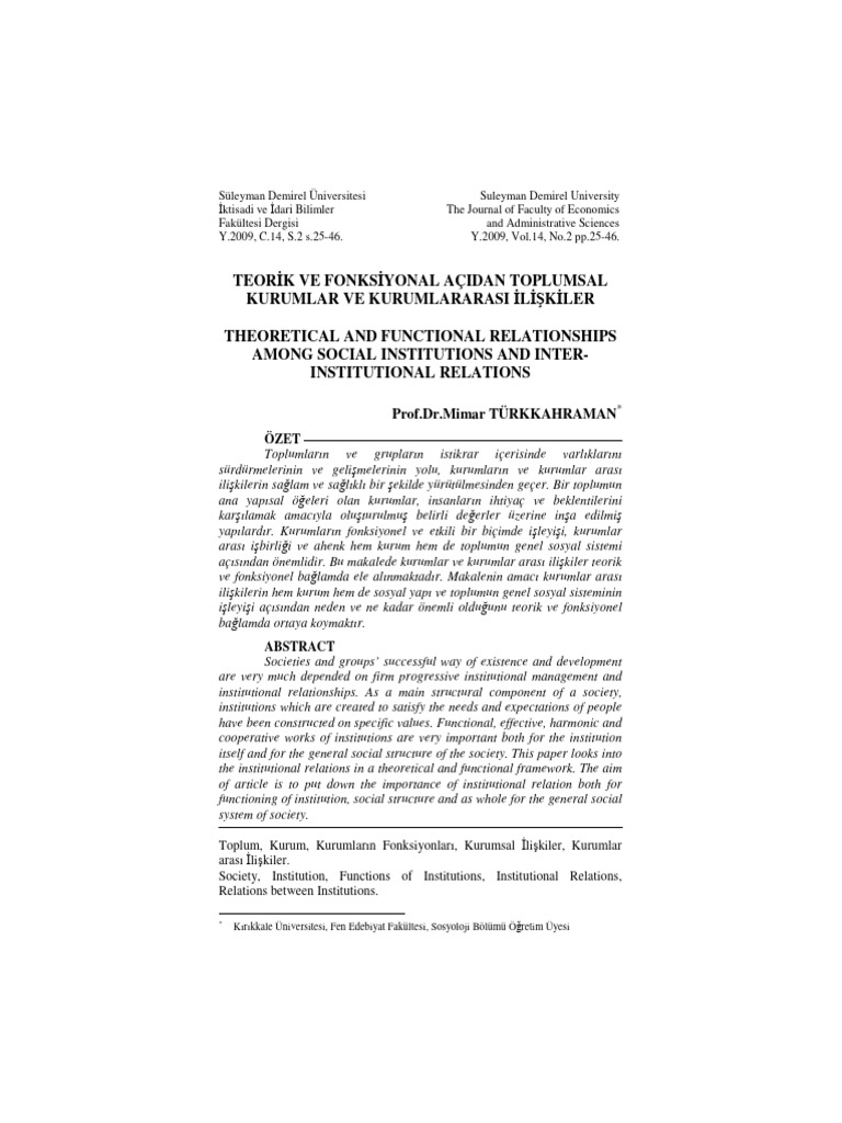 Teor K Ve Fonks Yonal A Idan Toplumsal Kurumlar Ve Kurumlararasi L K Ler (#223106) - 194655 | PDF