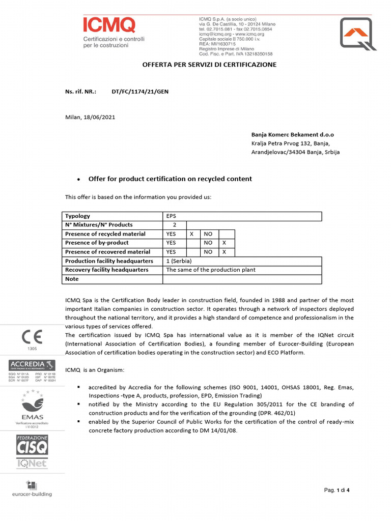 Certification Offer for Recycled EPS | PDF | Verification And ...