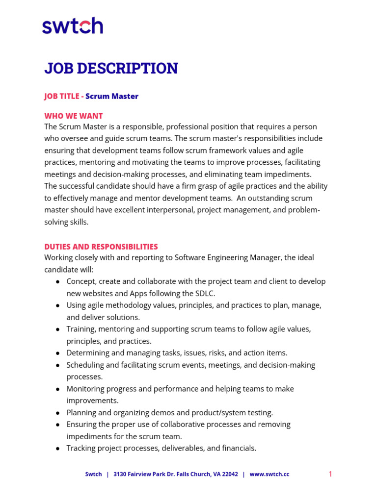 Scrum Master Job Description | PDF | Scrum (Software Development ...
