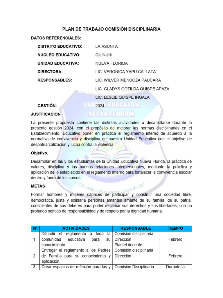 Plan de Trabajo Comision Disciplinaria | PDF | Disciplinas | Etica social
