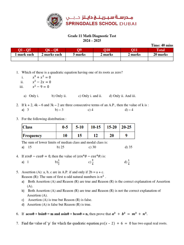 GR 11 Math Diagnostic Test - QP | PDF | Mathematical Objects ...