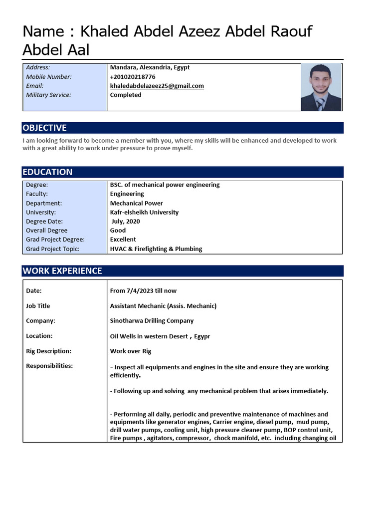 CV. Khaled Assis. Mechanic | Download Free PDF | Pump | Engines