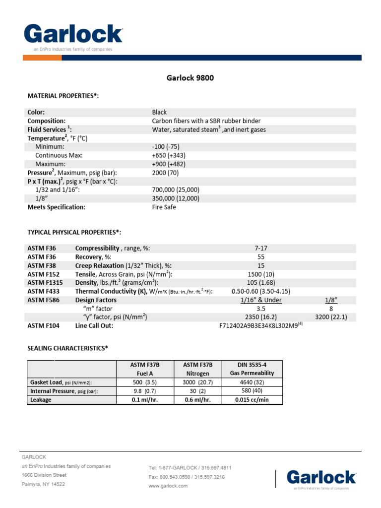 GarlockGAS9800SpecSheetJan2016 EN | PDF | Materials | Gases