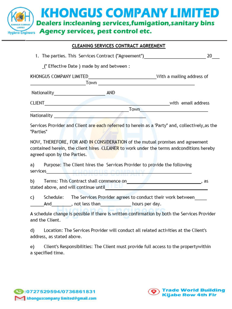 Khongus Cleaning Contract Agreement | PDF | Breach Of Contract | Contractual Term