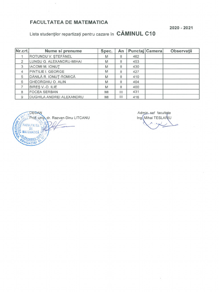 Cazare C10 C11 2020 2021 | PDF