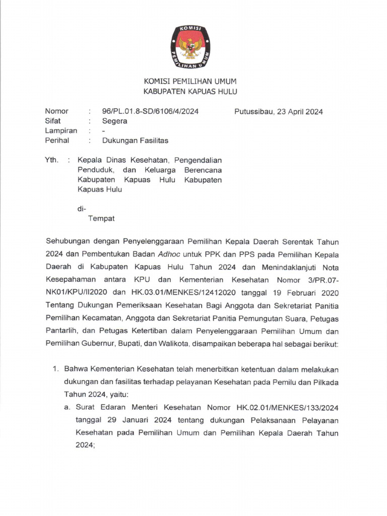 Surat Kpu Ke Dinkes Terkait Dukungan Fasilitas | PDF