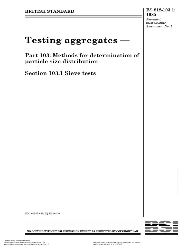 BSI BS 812-103.1 Superseded by BSI BS EN 933-1 القديمة | PDF | Concrete ...