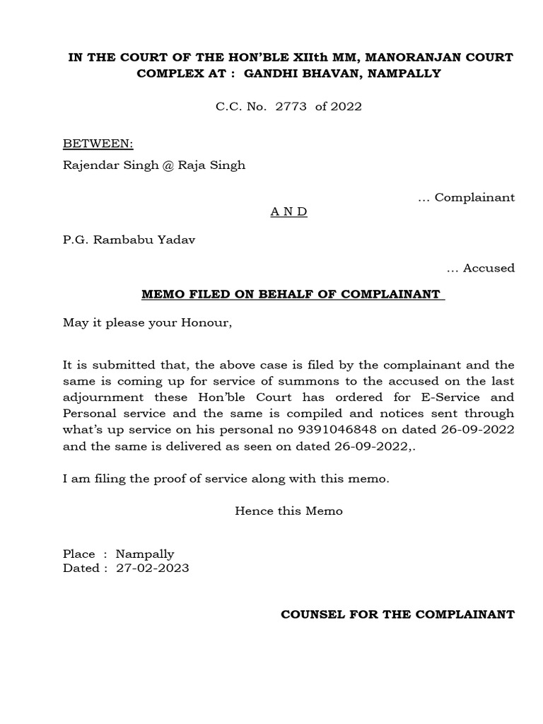 Memo of Notice CC Rajendar Singh | PDF | Law
