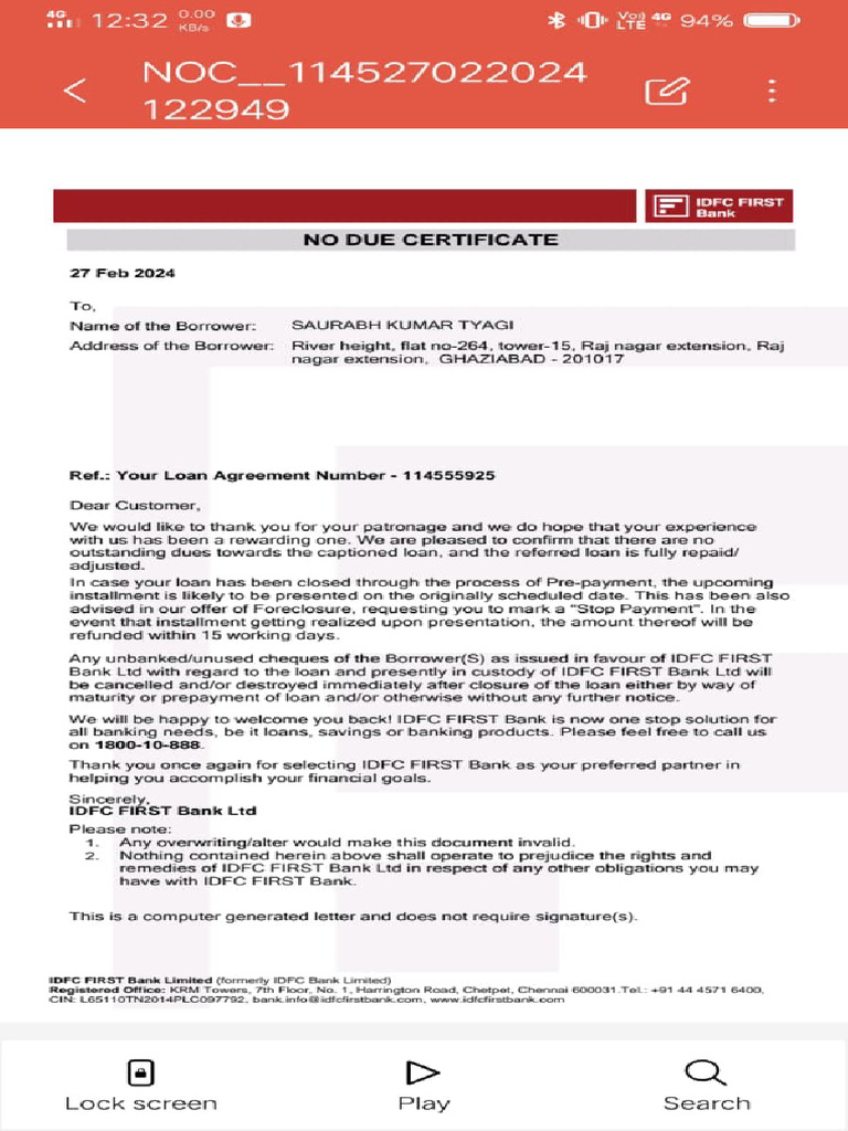 Saurabh ji IDFC NOC | PDF