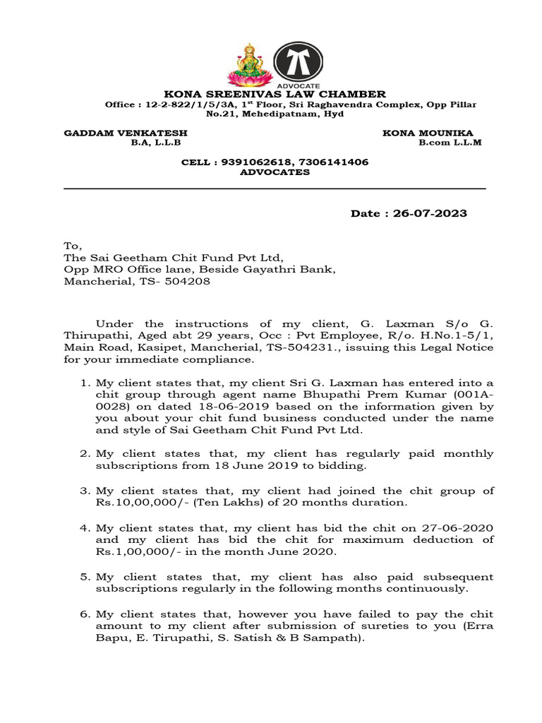 Legal Notice for Chit Fund Payment Dispute | PDF
