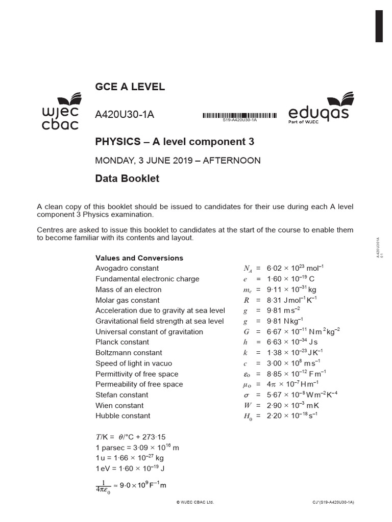 A Level Physics Data Booklet 2019 | PDF | Physical Phenomena | Physics