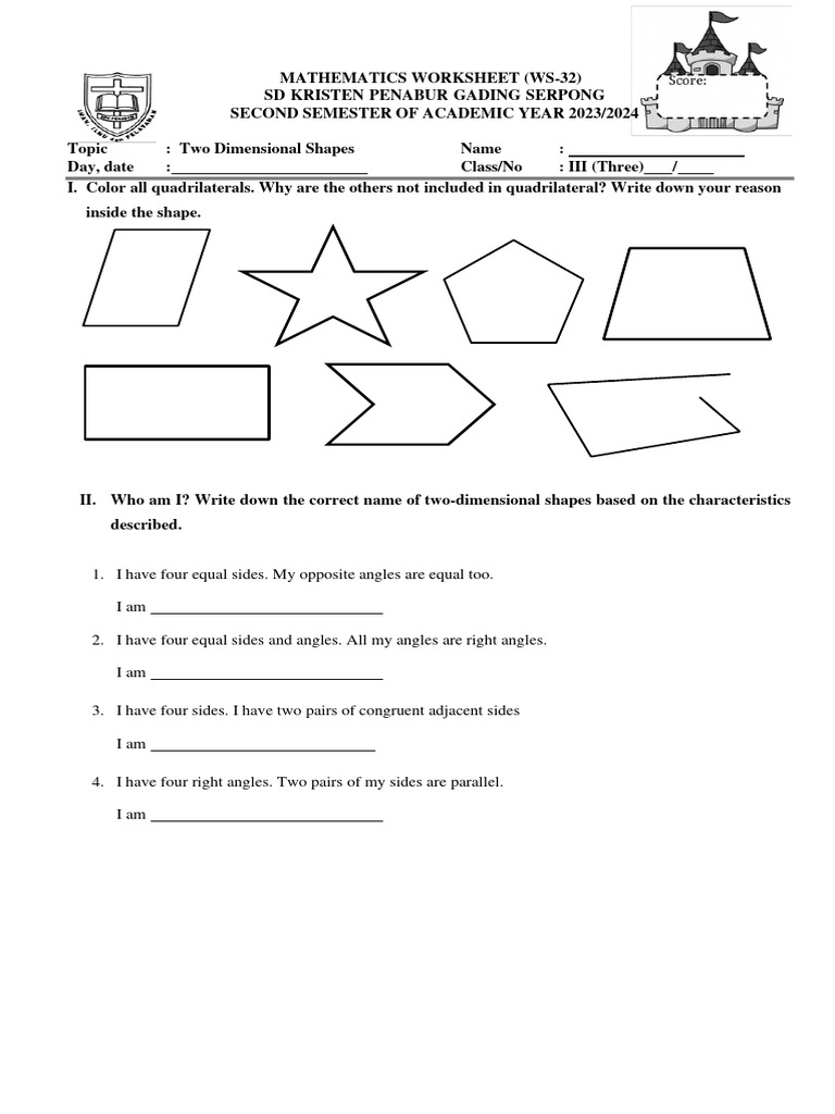 Two Dimensional Shapes Worksheet | PDF | Language Arts & Discipline | Teaching Methods & Materials