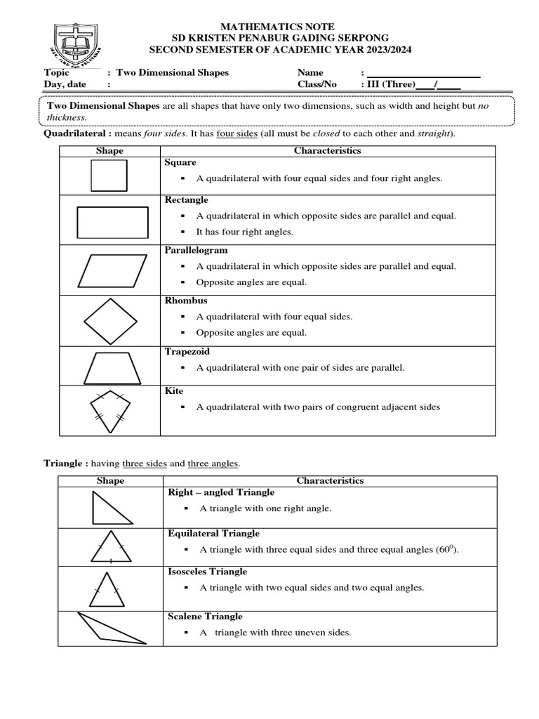 P3 Penabur Math 2d Shapes Note | PDF