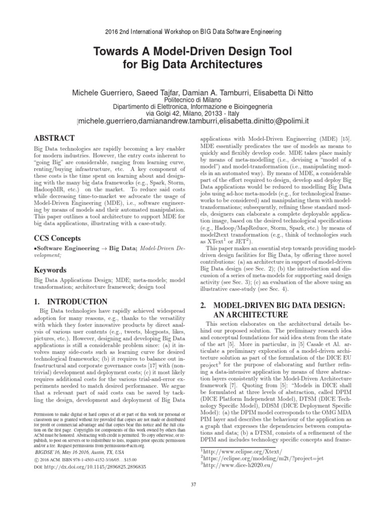 Towards A Model Driven Design Tool For Big Data Architectures Pdf Apache Hadoop Map Reduce