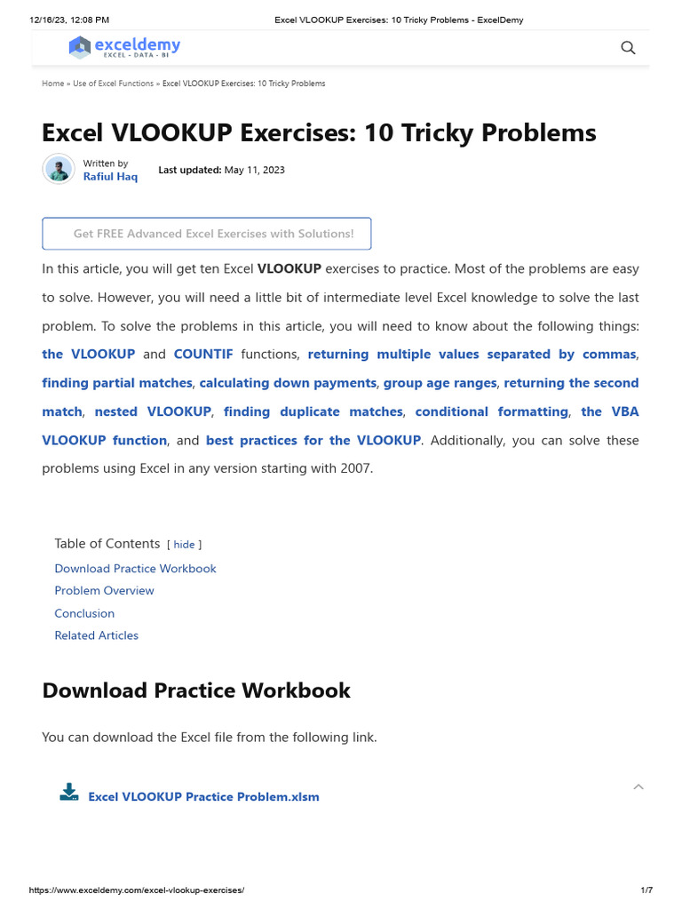 Excel VLOOKUP Exercises - 10 Tricky Problems - ExcelDemy | PDF | Microsoft Excel | Computing