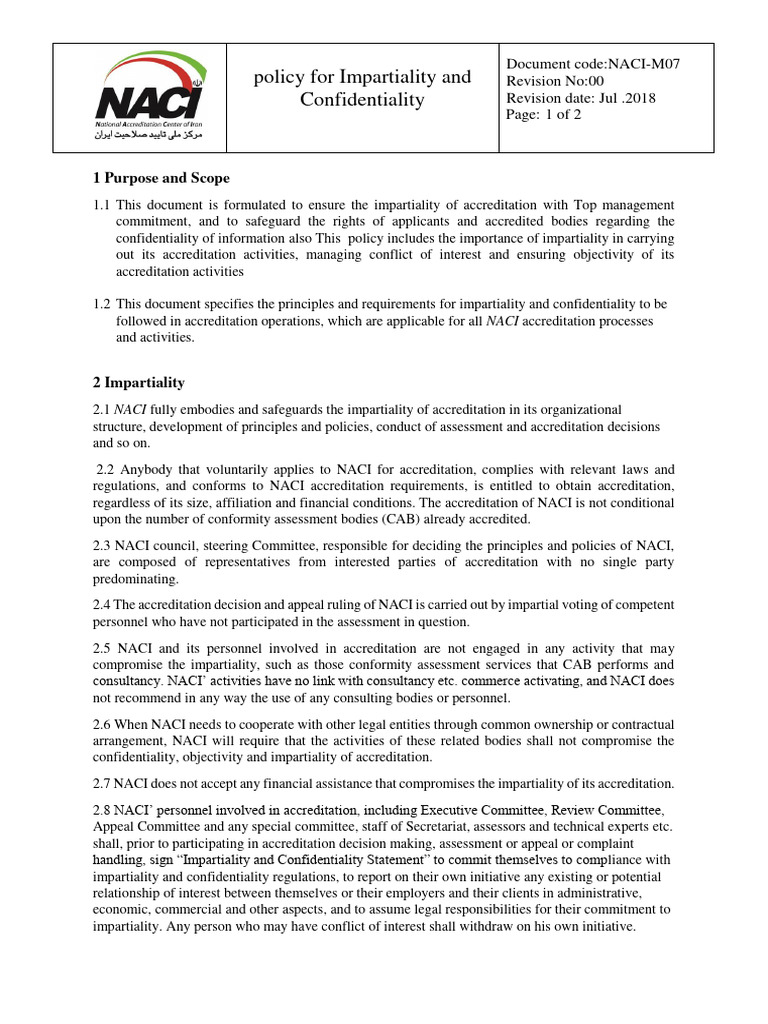 NACI Impartiality and Confidentiality Policy | PDF | Confidentiality ...