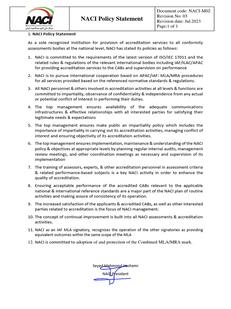 NACI-M02 NACI+Policy+Statement+&+Objectives+atatched | PDF