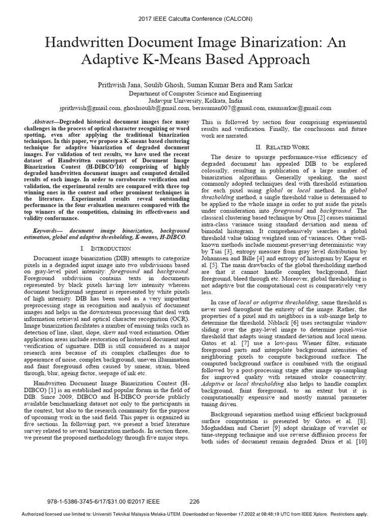 Handwritten Document Image Binarization An Adaptive K-Means Based Approach | PDF | Cluster ...