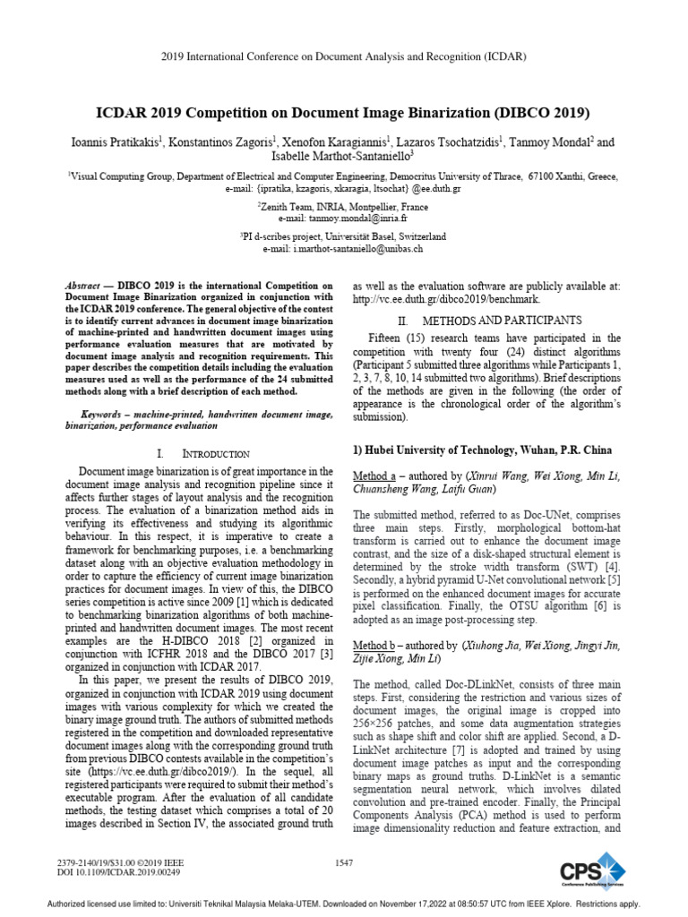 ICDAR 2019 Competition On Document Image Binarization DIBCO 2019 | PDF | Image Segmentation ...