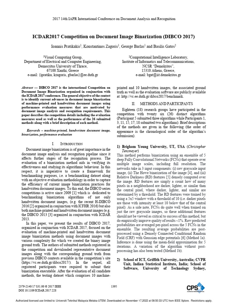 ICDAR2017 Competition On Document Image Binarization DIBCO 2017 | PDF ...