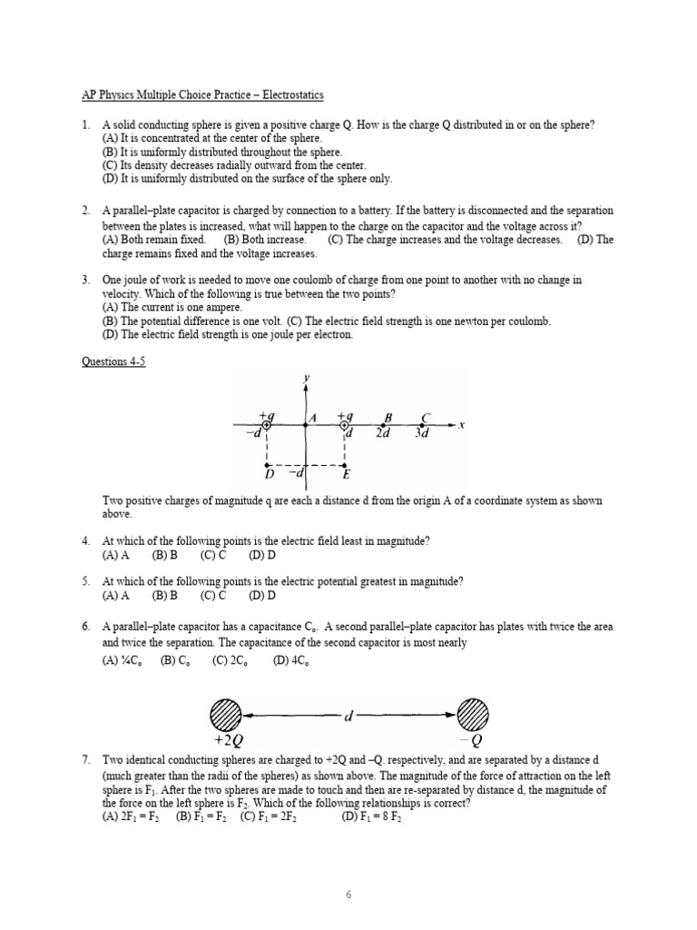 AP Electrostatics MCQ with Answers | PDF | Electric Field | Capacitance