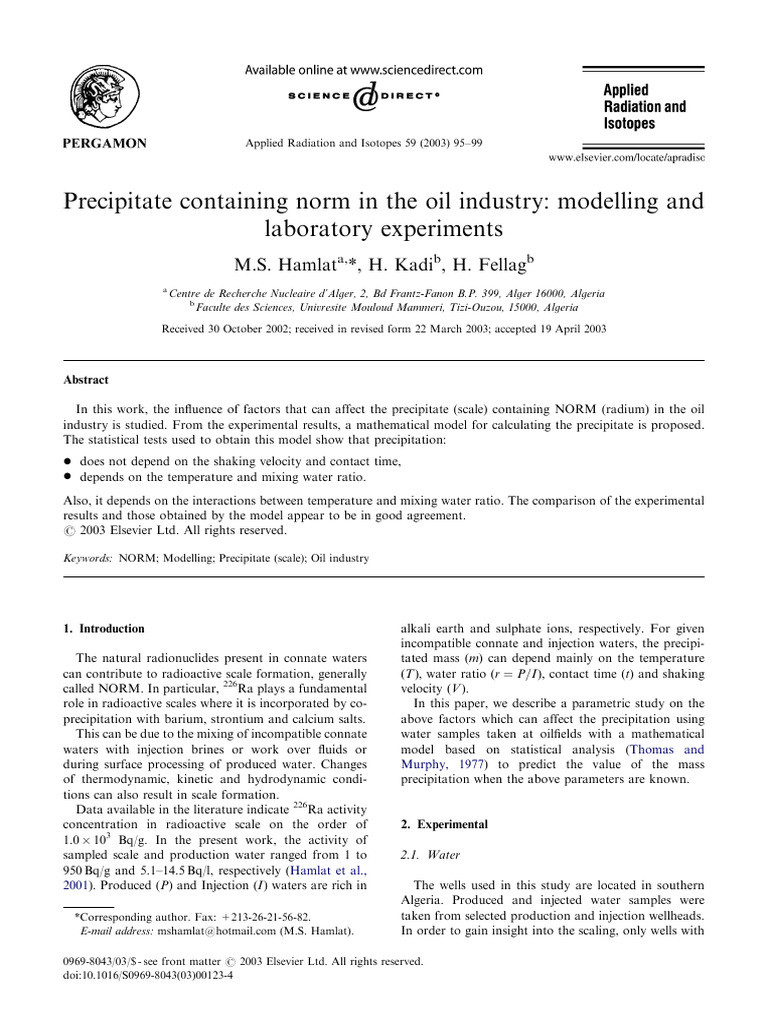 Precipitate Containing Norm in The Oil Industry: Modelling and ...